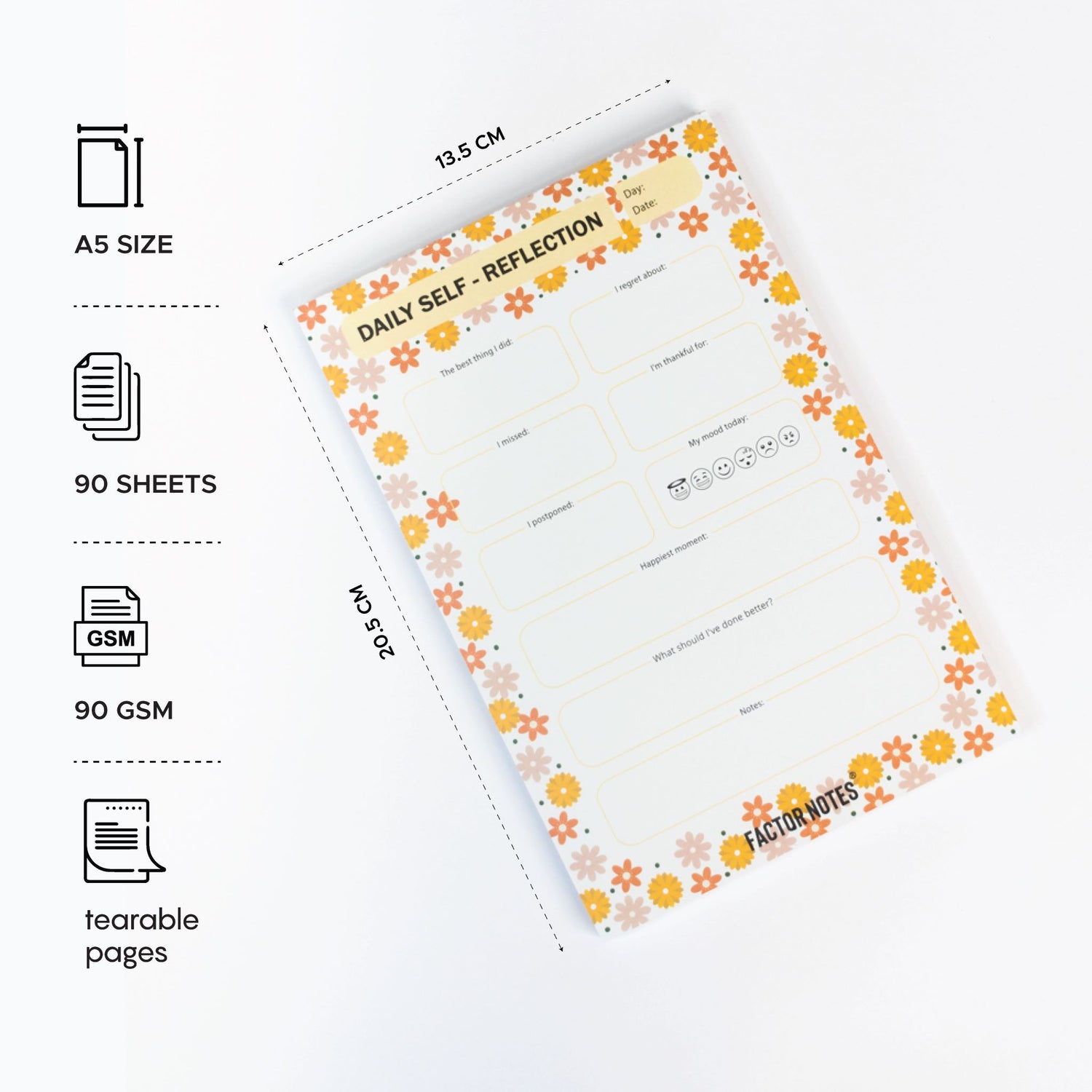 Daily Self-Reflection Tear-Off Pad | A5 | 90 GSM | 90 Pages – Factor Notes